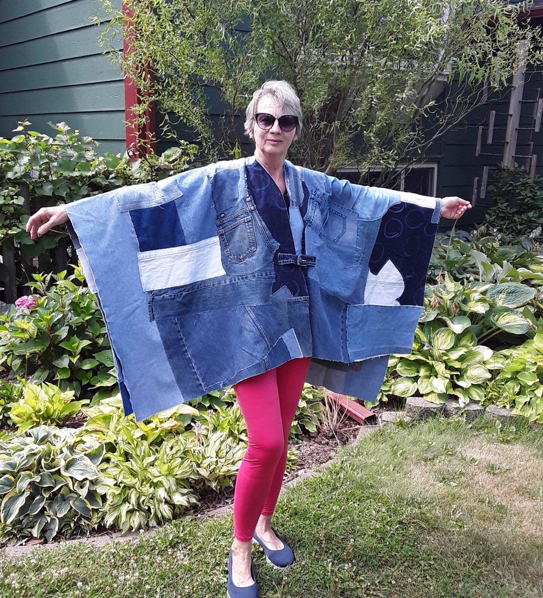 Denim Patchwork Kimono Poncho, Unisex Denim Parka, Recycled Denim Cape ...