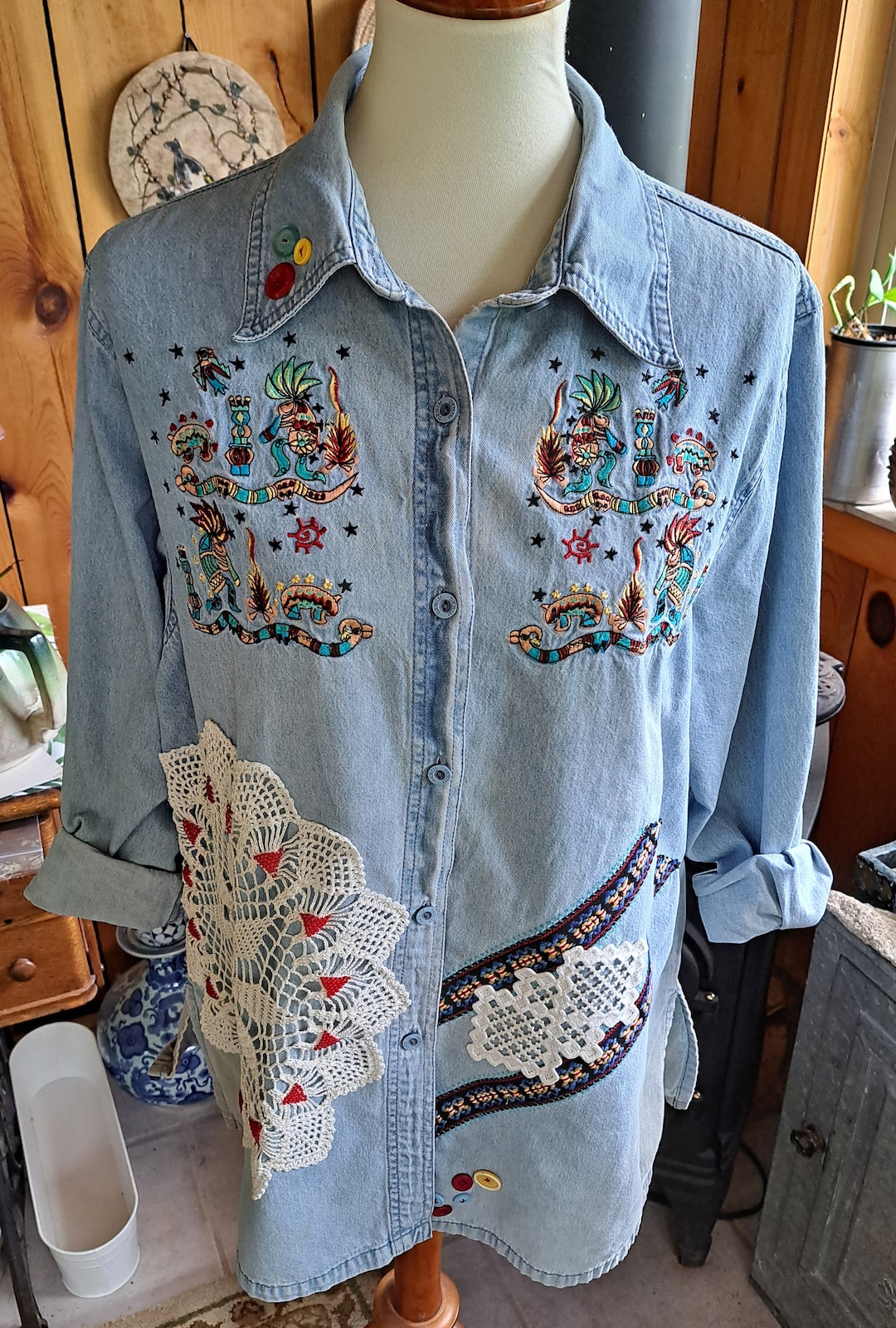 Upcycled Denim Shirt, Southwest Themed Tunic, Size XL - Etsy