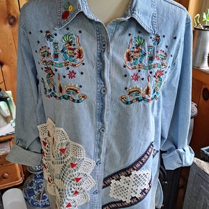 Upcycled Denim Shirt, Southwest Themed Tunic, Size XL - Etsy