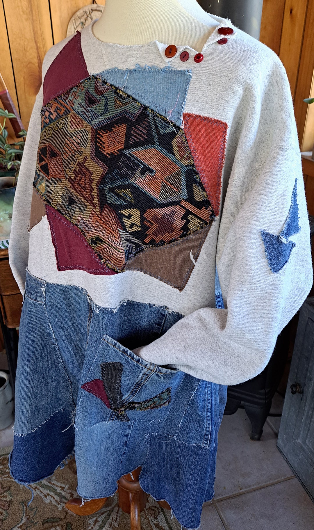 Denim Patchwork Tunic, Refashioned Sweatshirt Top, - Etsy