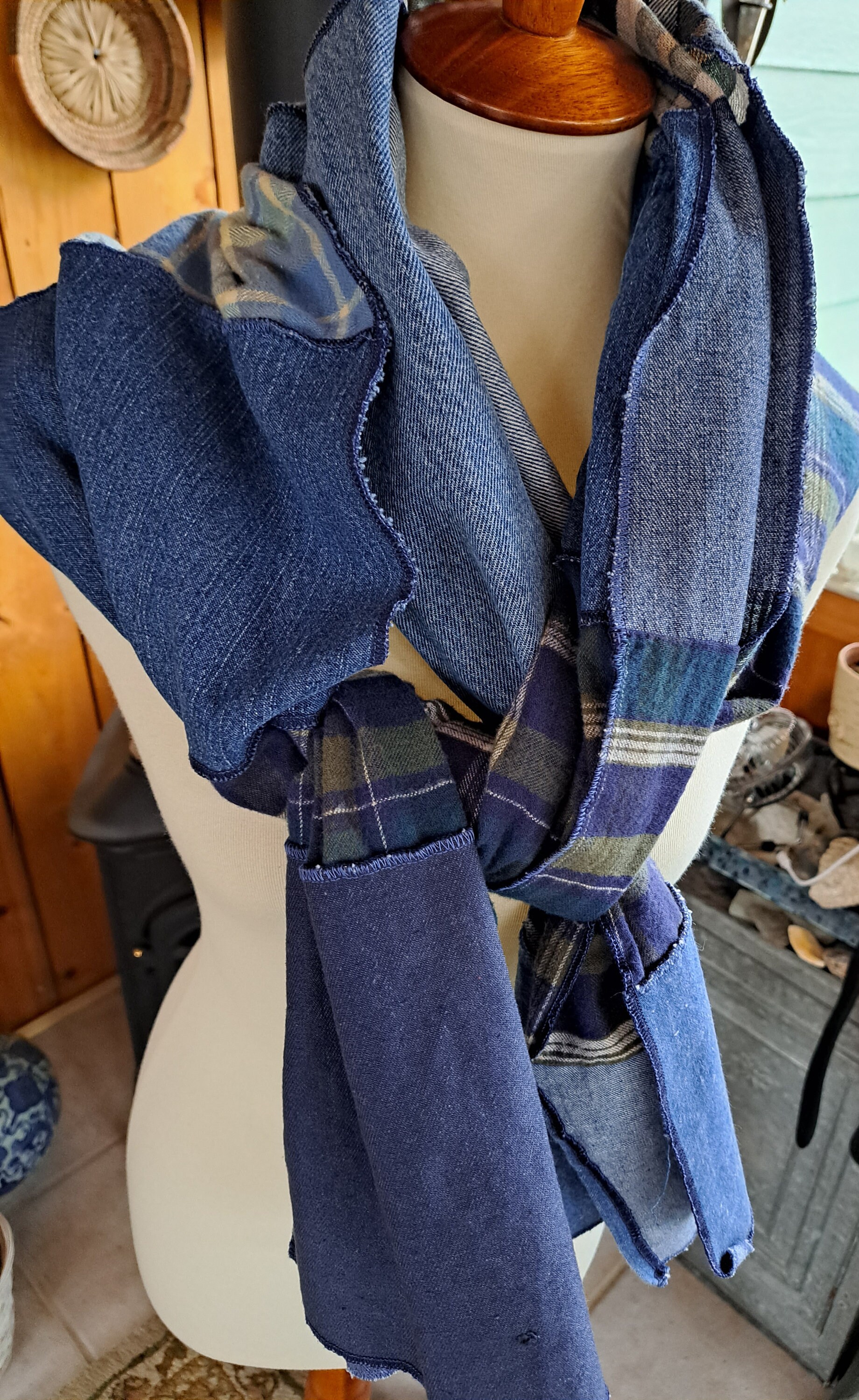 Denim Patchwork Scarf Flannel and Denim Oversized Scarf - Etsy