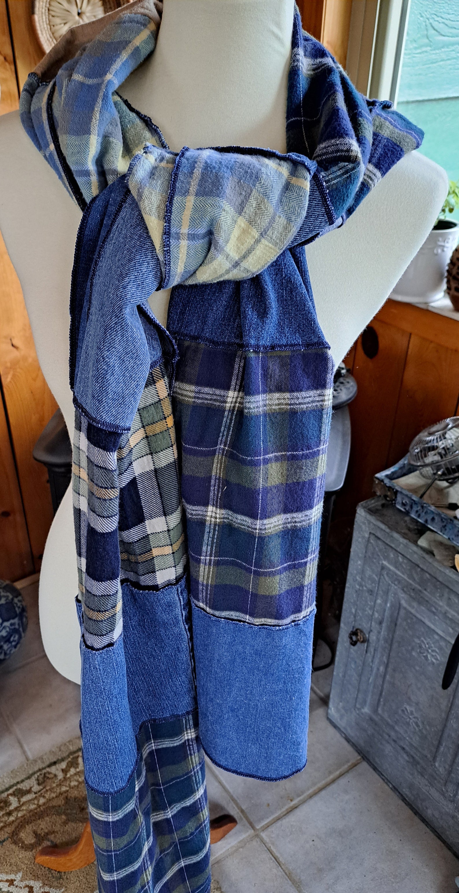 Denim Patchwork Scarf, Flannel and Denim Oversized Scarf, Unisex Scarf ...