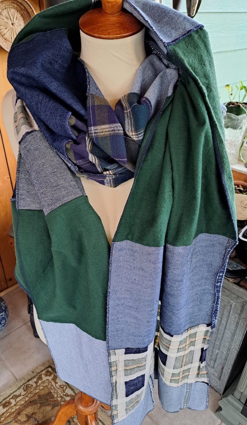 Oversized Denim Patchwork Scarf, Unisex Flannel and Denim Scarf - Etsy