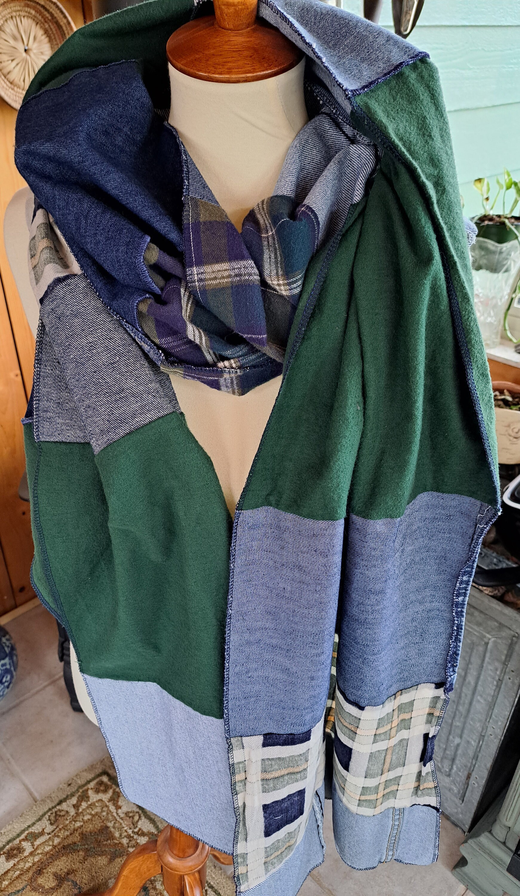 Oversized Denim Patchwork Scarf, Unisex Flannel and Denim Scarf - Etsy