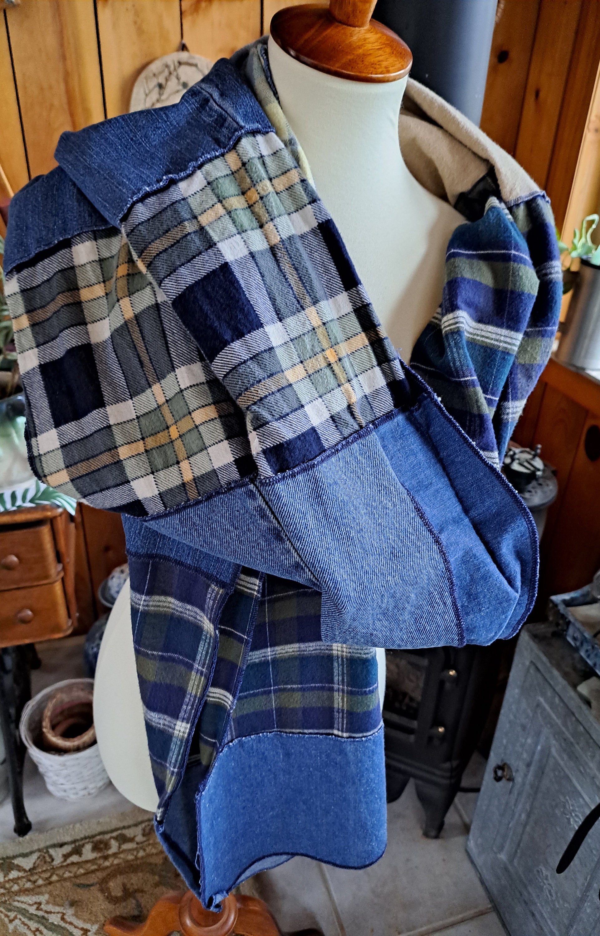 Denim Patchwork Scarf, Flannel and Denim Oversized Scarf, Unisex Scarf ...