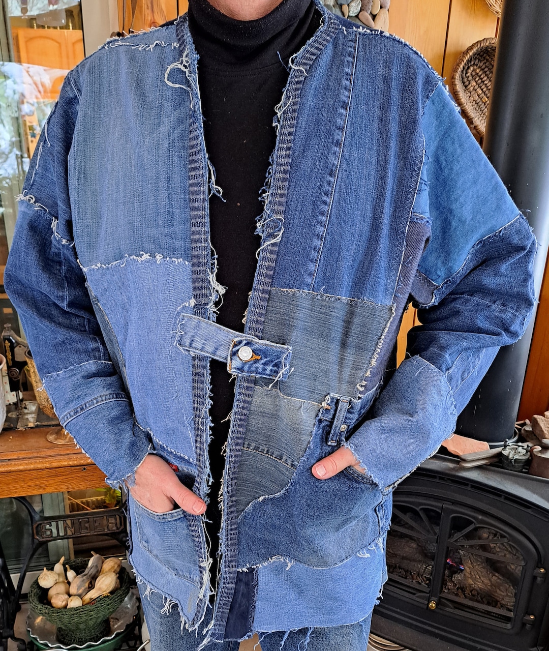 Denim Patchwork Kimono Jacket, Oversized Unisex Denim Coat - Etsy