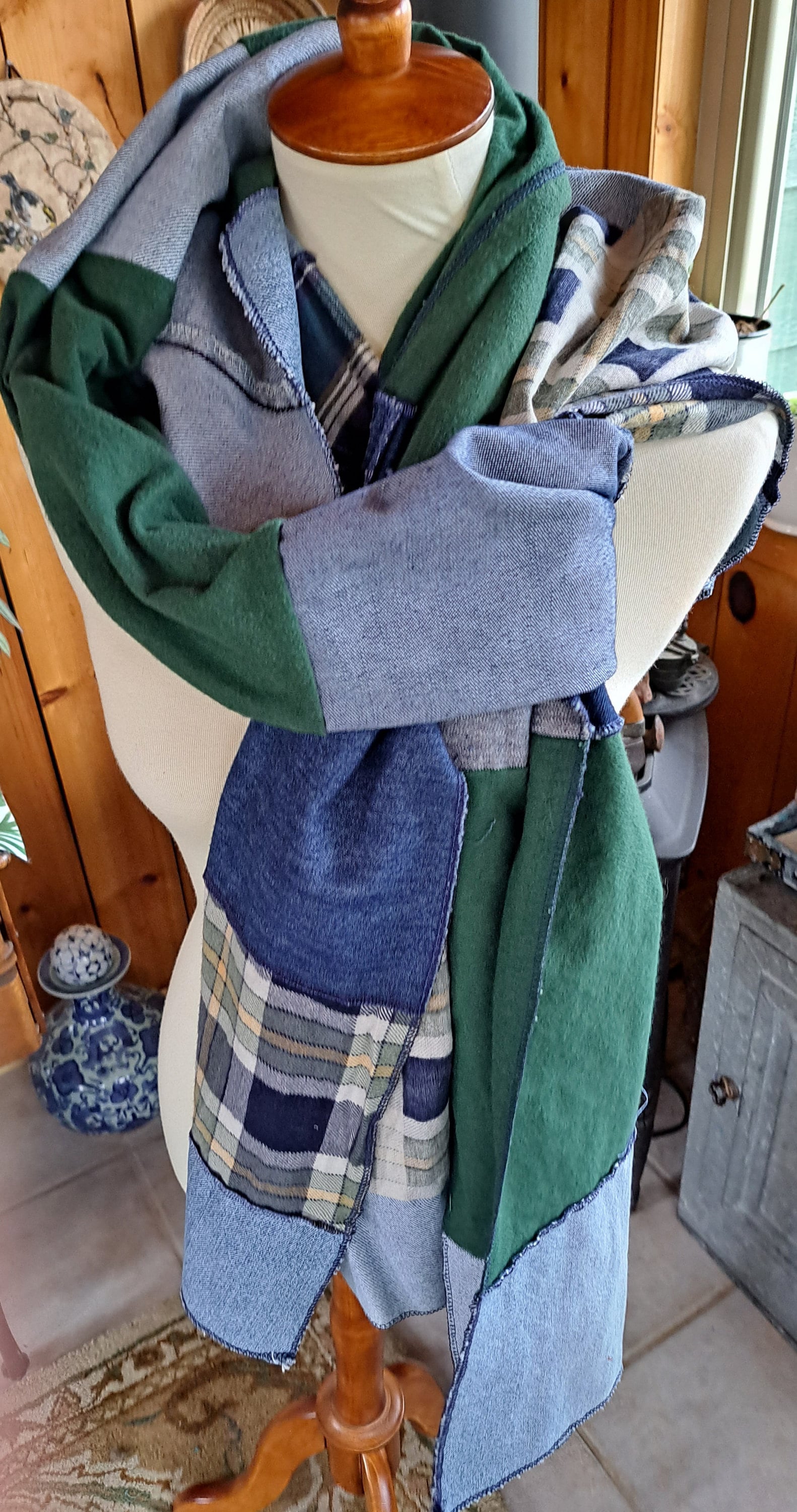 Oversized Denim Patchwork Scarf, Unisex Flannel and Denim Scarf - Etsy