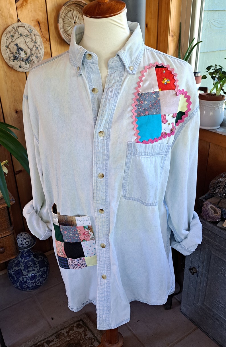 Patchwork Denim Shirt, Vintage Patchwork Quilt, Recycled Denim - Etsy