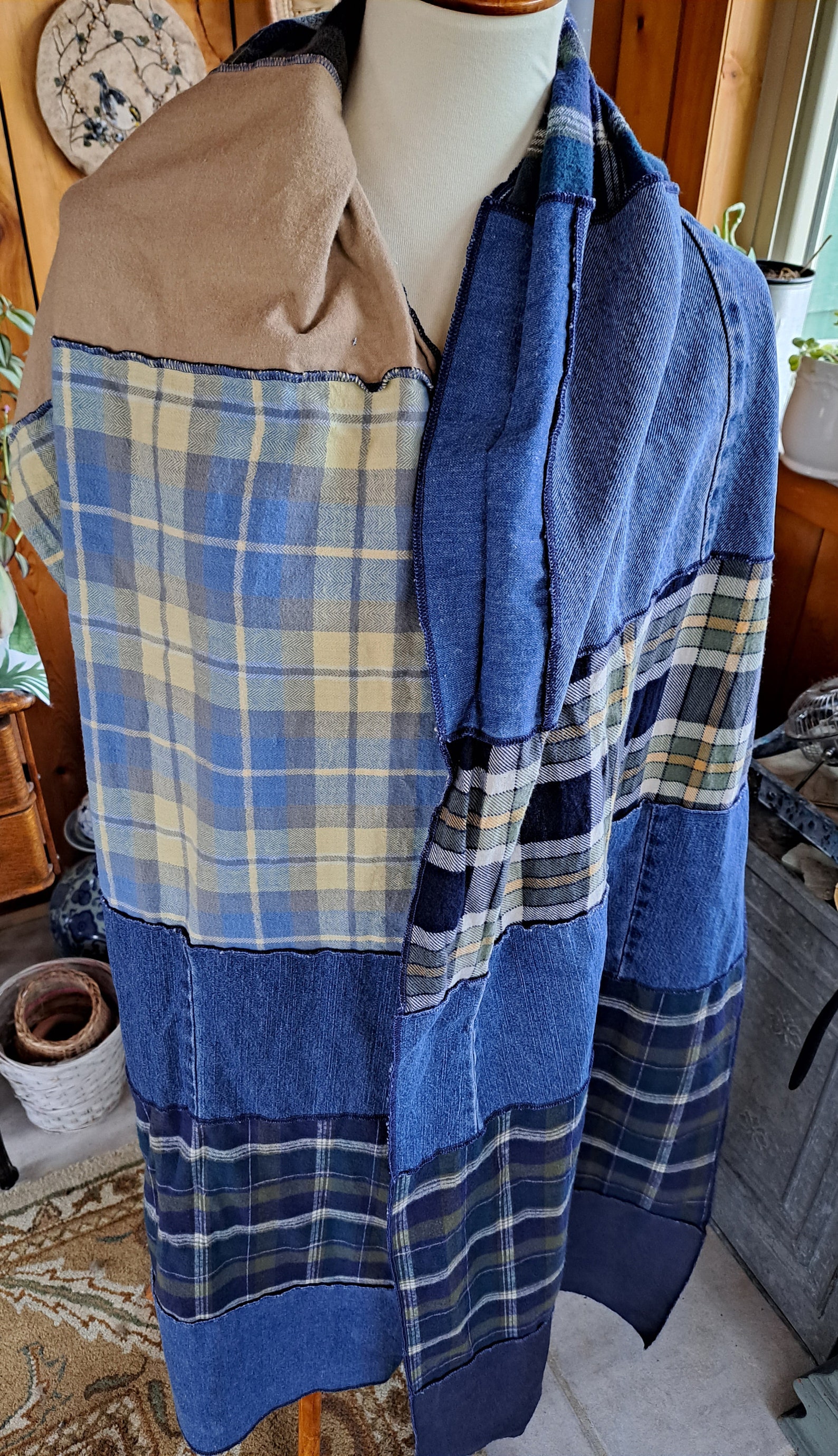 Denim Patchwork Scarf Flannel and Denim Oversized Scarf - Etsy