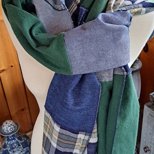 Oversized Denim Patchwork Scarf, Unisex Flannel and Denim Scarf - Etsy