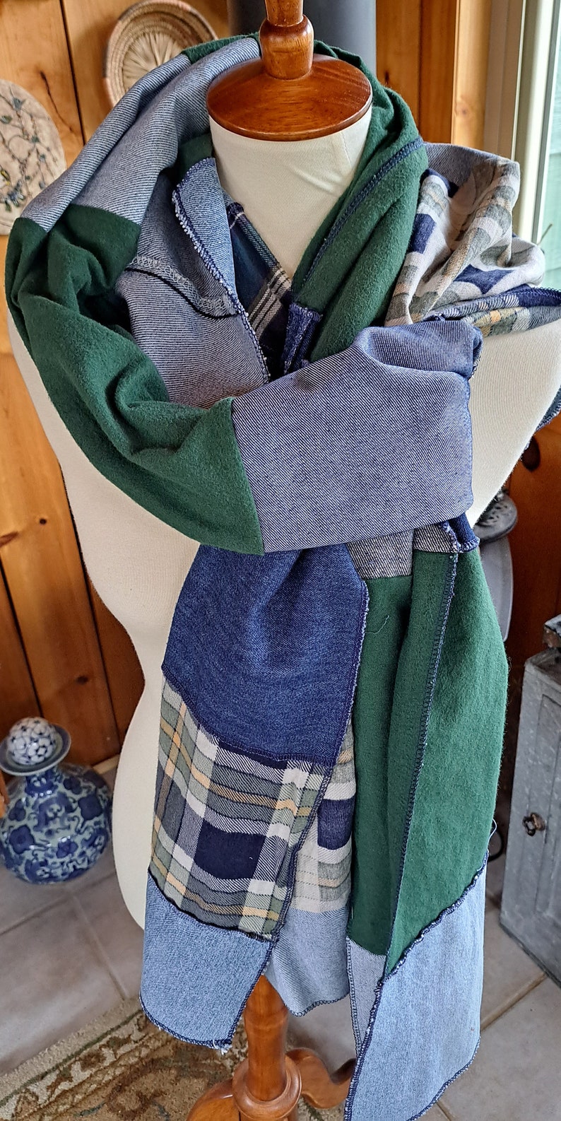 Oversized Denim Patchwork Scarf, Unisex Flannel and Denim Scarf - Etsy