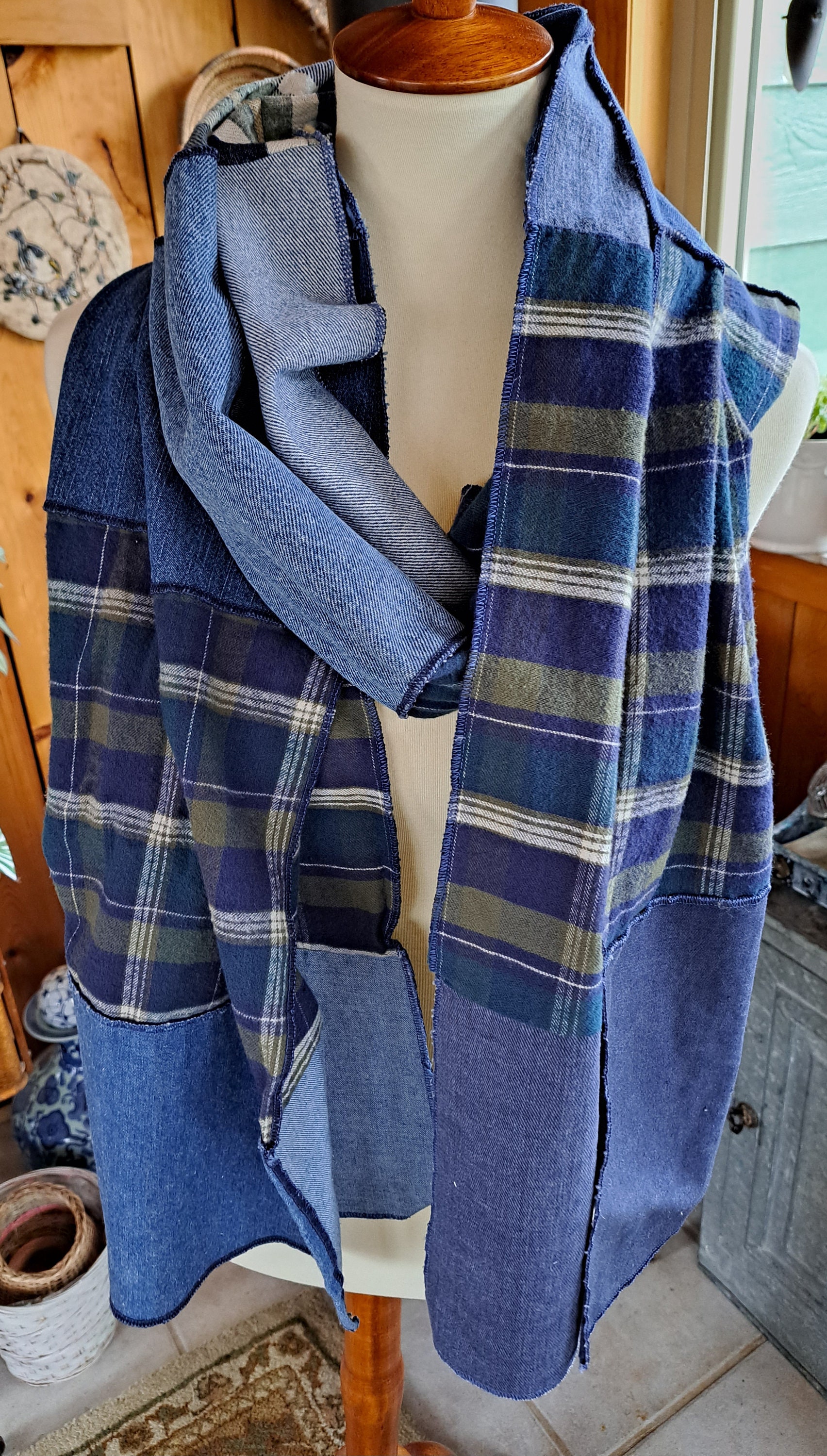 Denim Patchwork Scarf, Flannel and Denim Oversized Scarf, Unisex Scarf ...