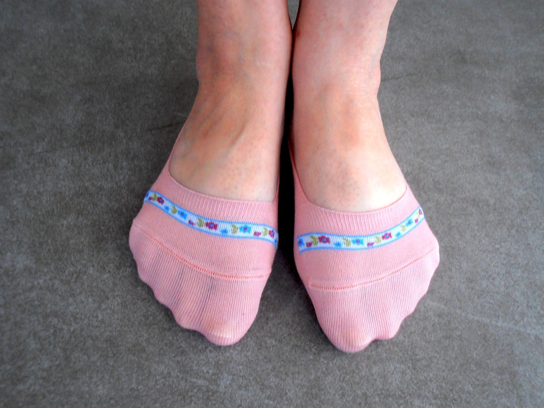 Dusky Pink Heel Invisible Socks, Knit Cotton, Embroidered Peep Toe ...