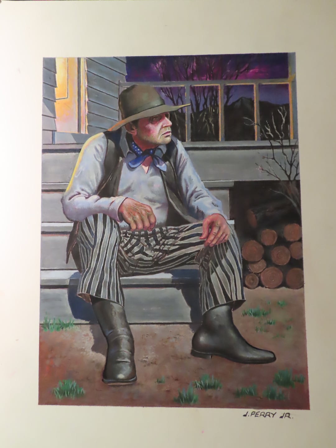 Original Illustration Cowboy Seated on Steps Paperback or Magazine ...