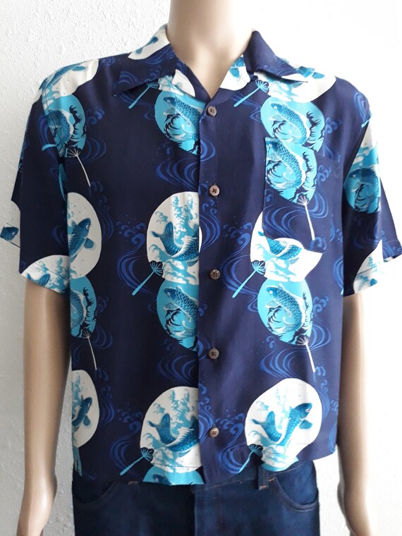 Hawaiian men's blue shirt japanese Koi fish print by … - Gem