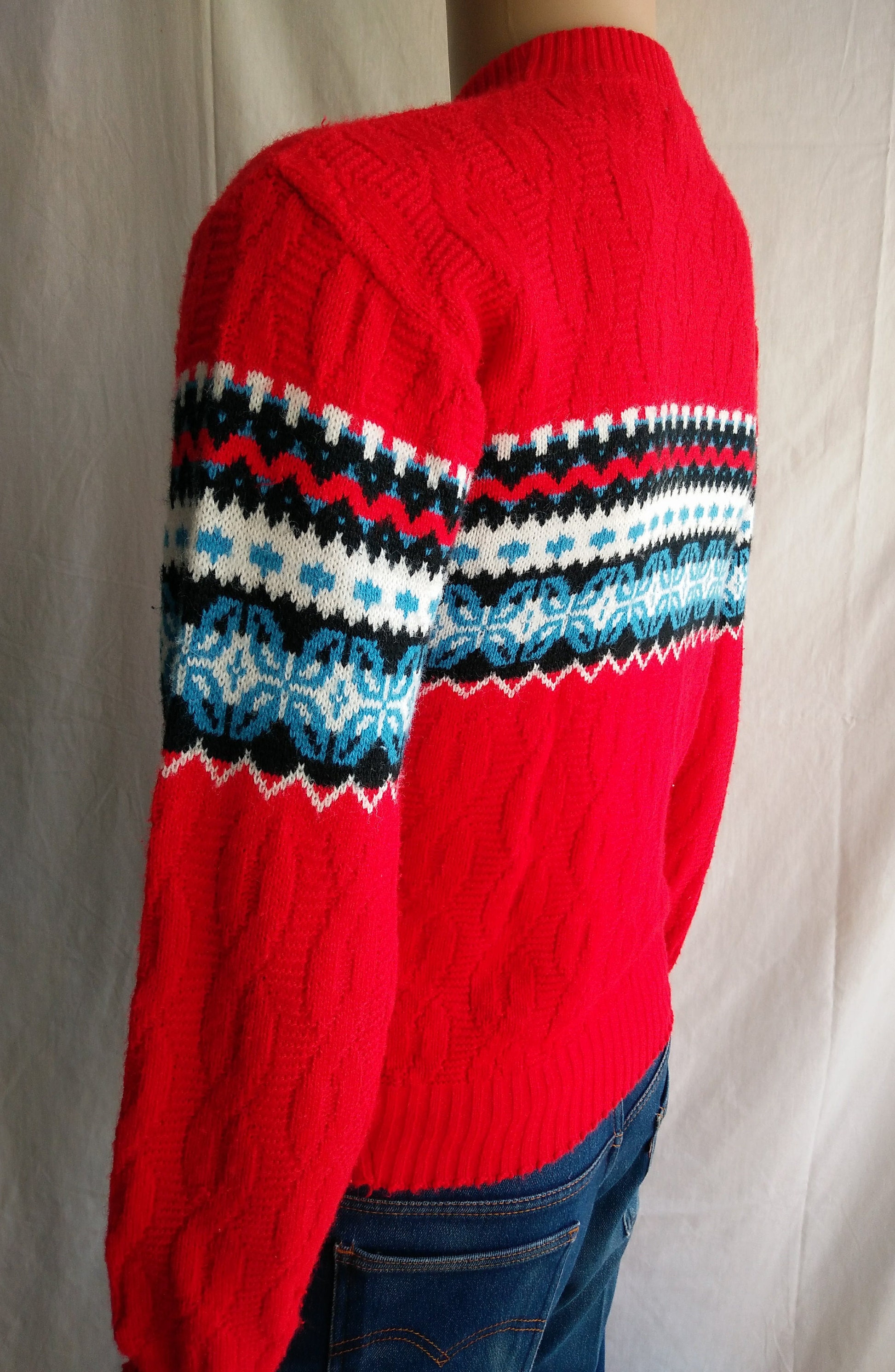 Vintage 60's Unisex Geometric Acrylic Sweater 100% Virgin Orlon, Red ...