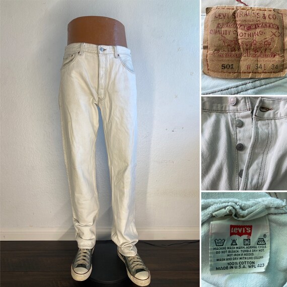 90 s Levi s 501 34x34 White Denim Jeans Cotton Pants Made in U.S.A. Etsy