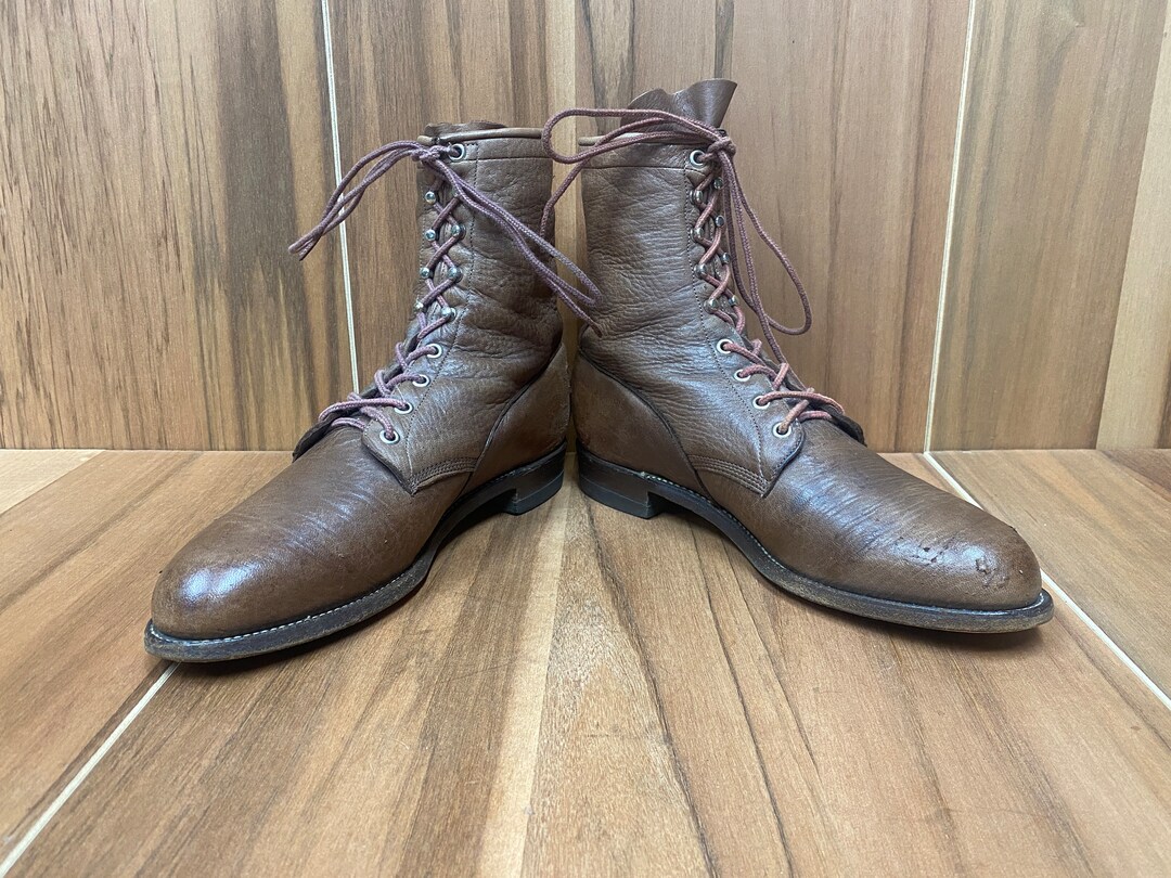 Justin Packer Ranch Work Boots Laces up Round Toe Deer Leather Style ...