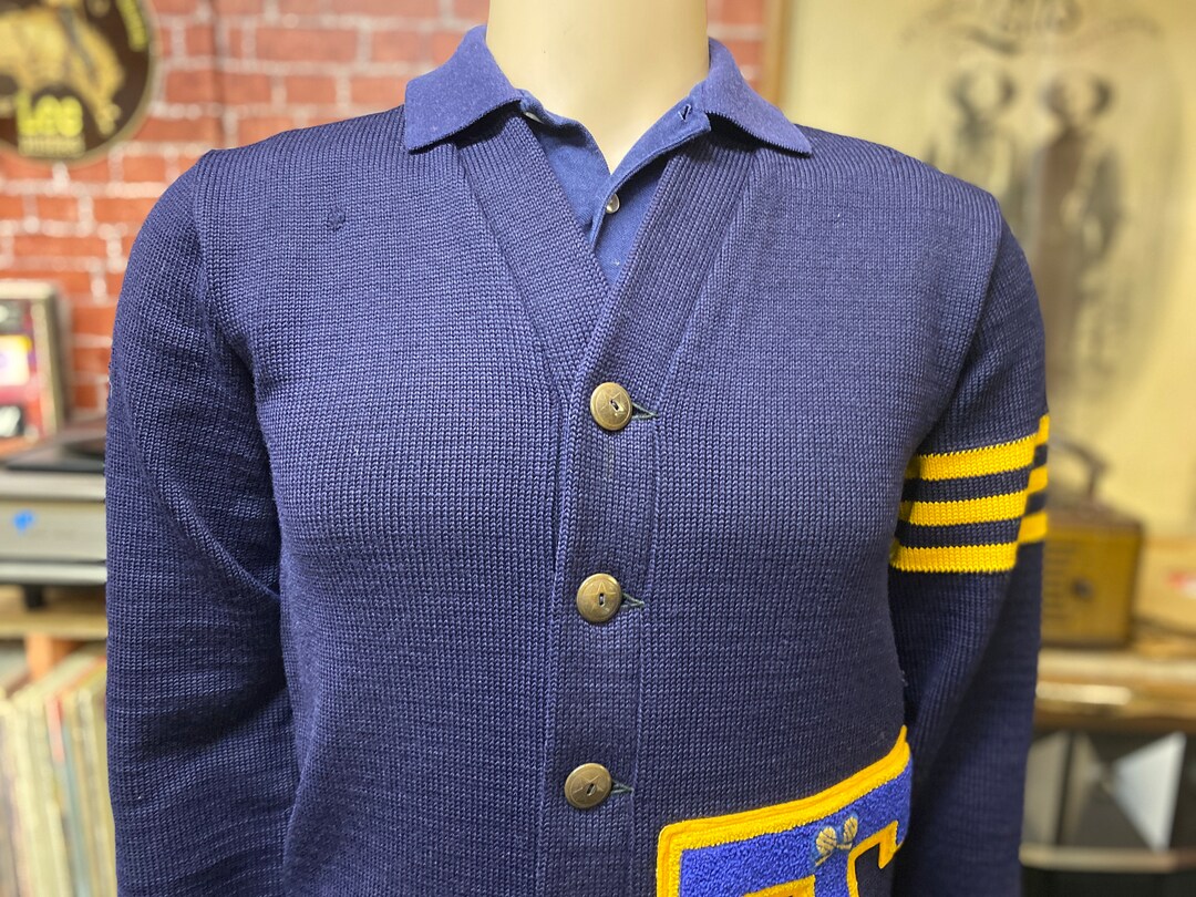 50's Letterman Blue Cardigan Sweater 100% Wool Size Medium Made in U.S ...