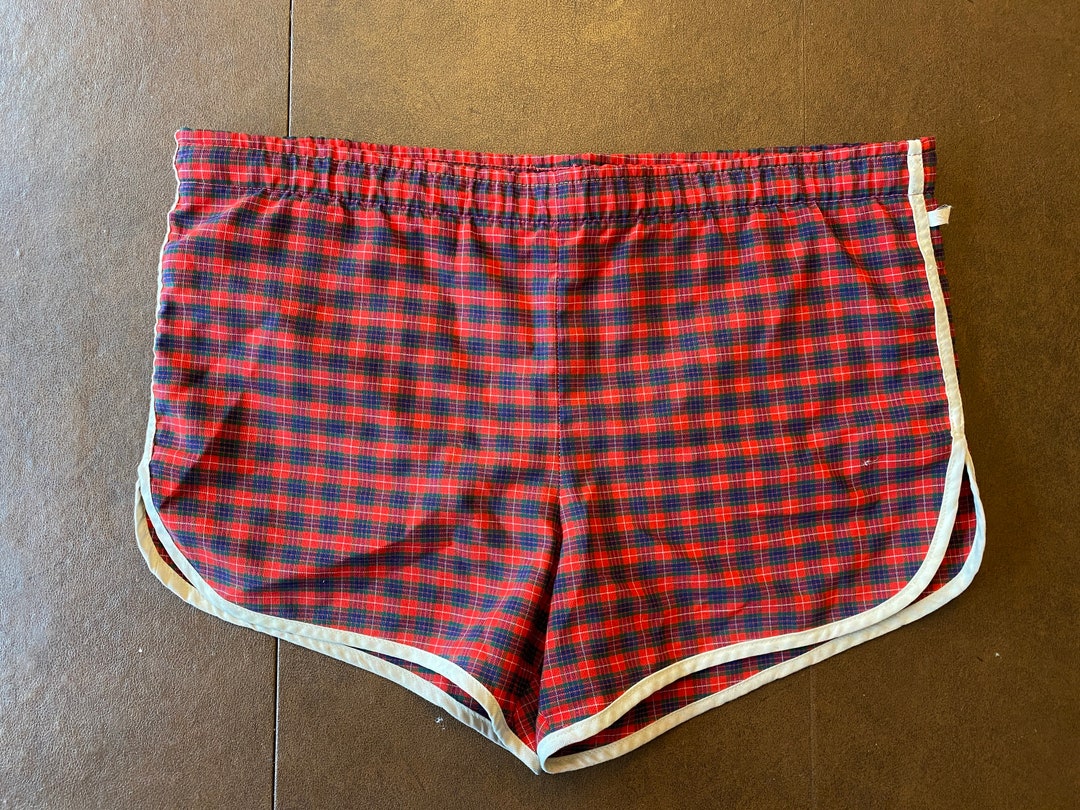 70's Jantzen Red Plaid Swim Shorts Cotton Trunks Size 36 Made in U.S.A ...