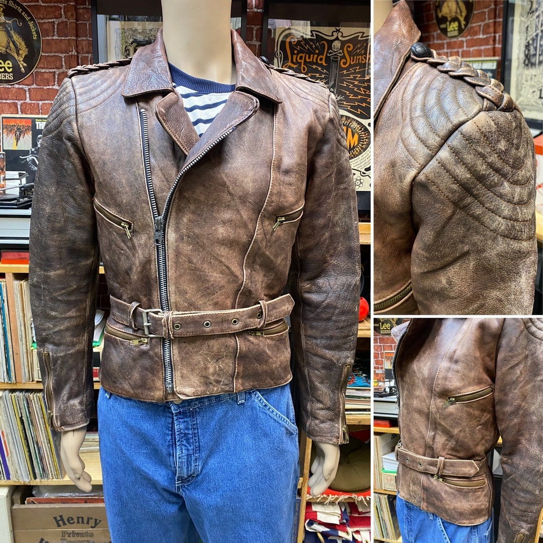 80's Motorcycle Rocker Biker Fashion Brown Leather Jacket Size Medium ...