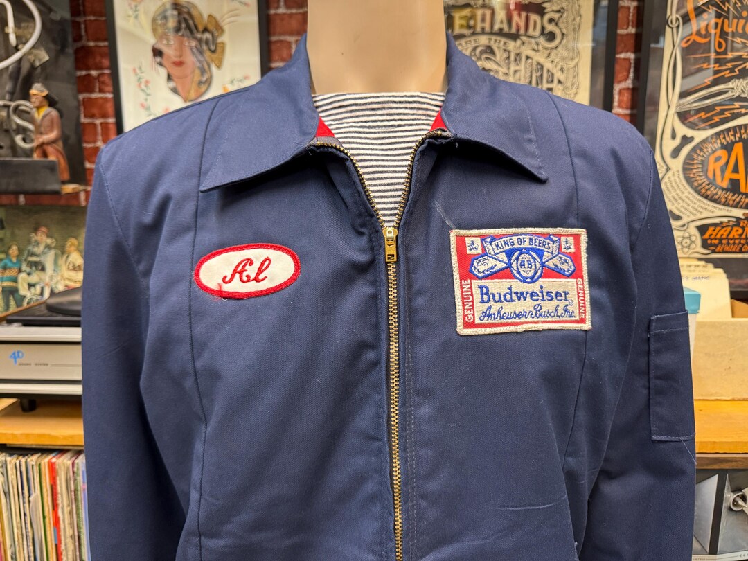 Vtg 80's Budweiser Mechanic Garage Gas Station Work Blue Jacket Size ...