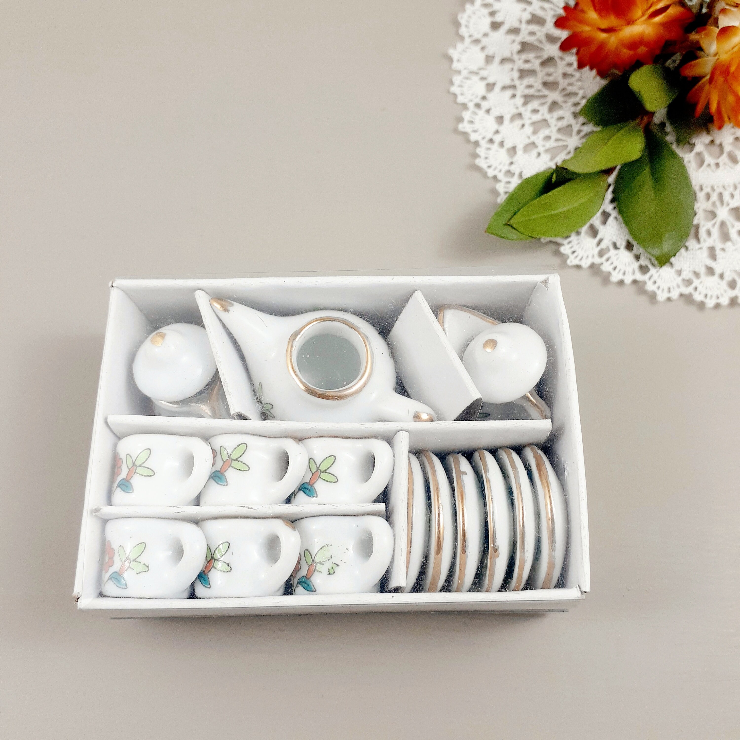 1:12 Scale 17 Piece Tea Set, White With Orange Flowers - Etsy