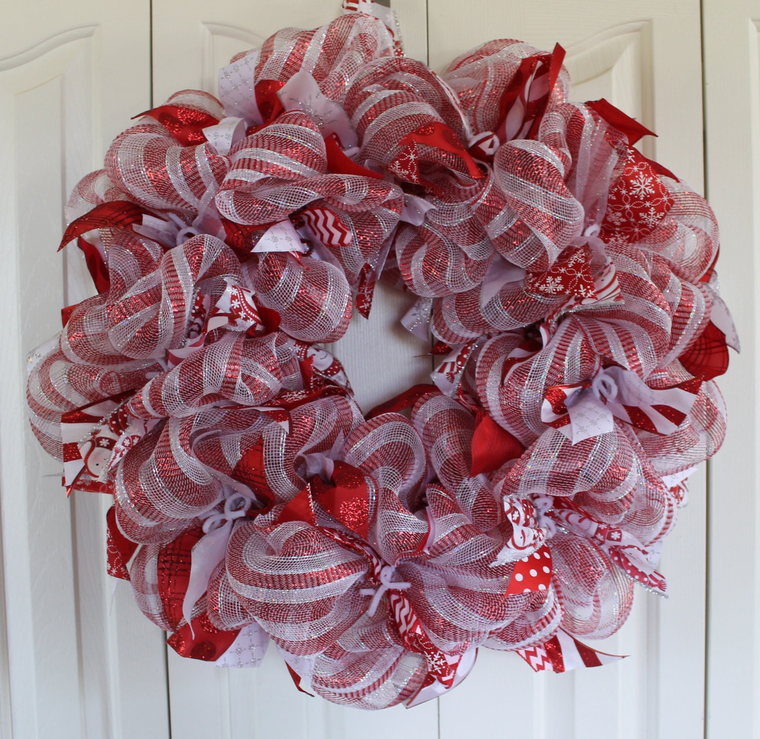 Deco Mesh Red And White Snowman Holiday Wreath Snowflake Etsy
