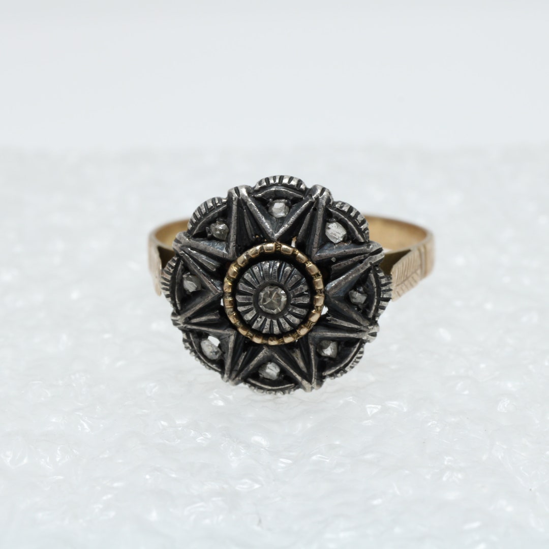 Antique Ring Mine Cut Diamond Cluster Ring, 14k Gold Ring Size 8.25 - Etsy