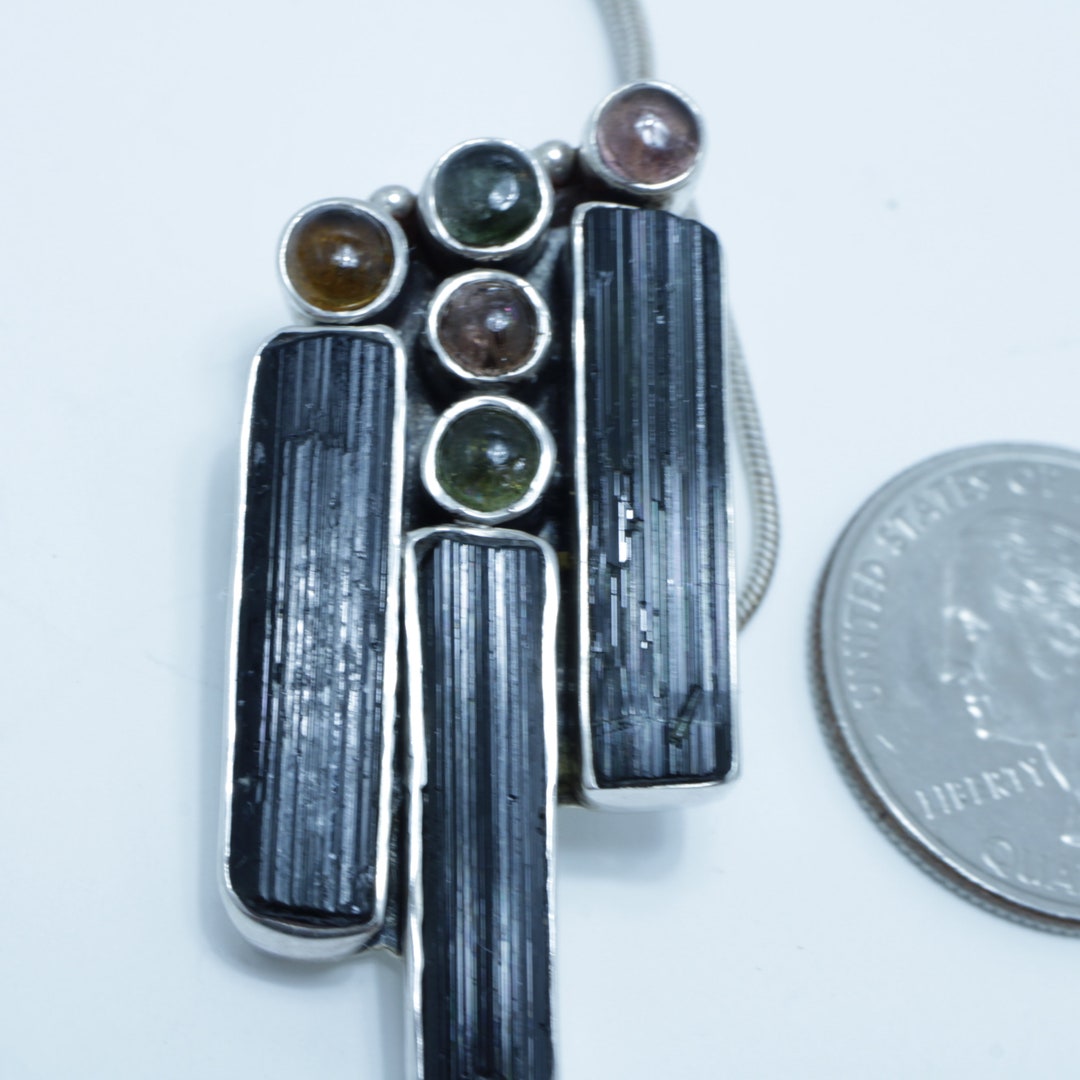 Vintage Sterling Silver Pendant Necklace Black Coral Amethyst Emerald ...