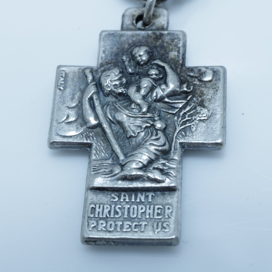 Vintage Sterling Silver Saint Christopher Cross Pendant Necklace 17-3/4 ...