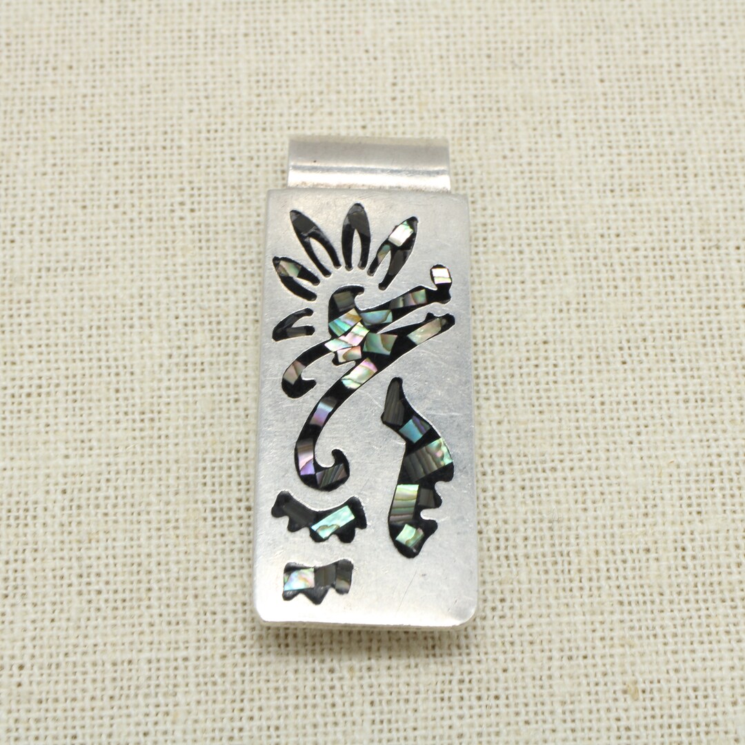 Vintage Mexican Sterling Silver Abalone Inlay Money Clip Aztec Warrior ...