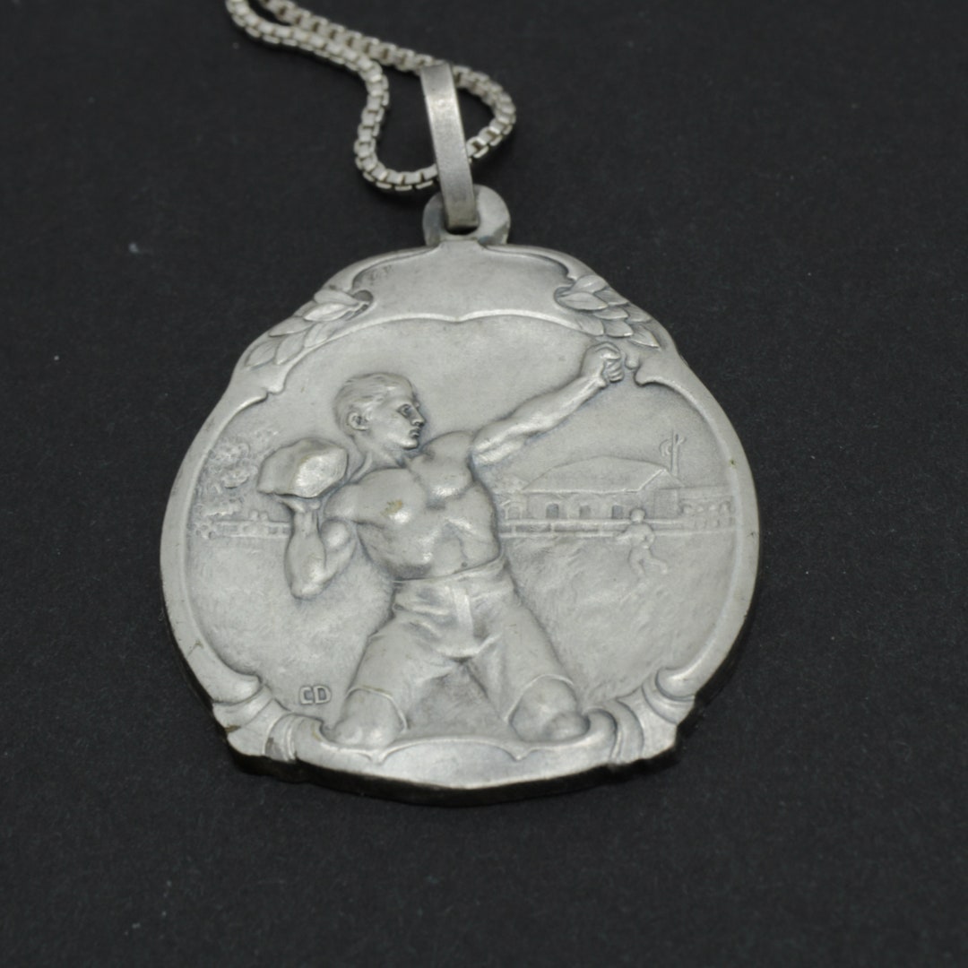 Vintage Sports Medal Stone Throw Sterling Silver Pendant Necklace 20 ...