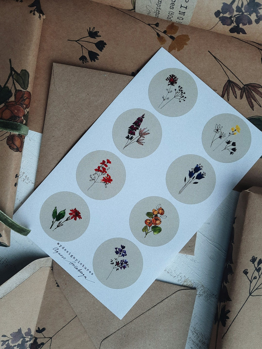 Wild Flowers Stickers, Sticker Set, Envelope Stickers, Eight Stickers ...
