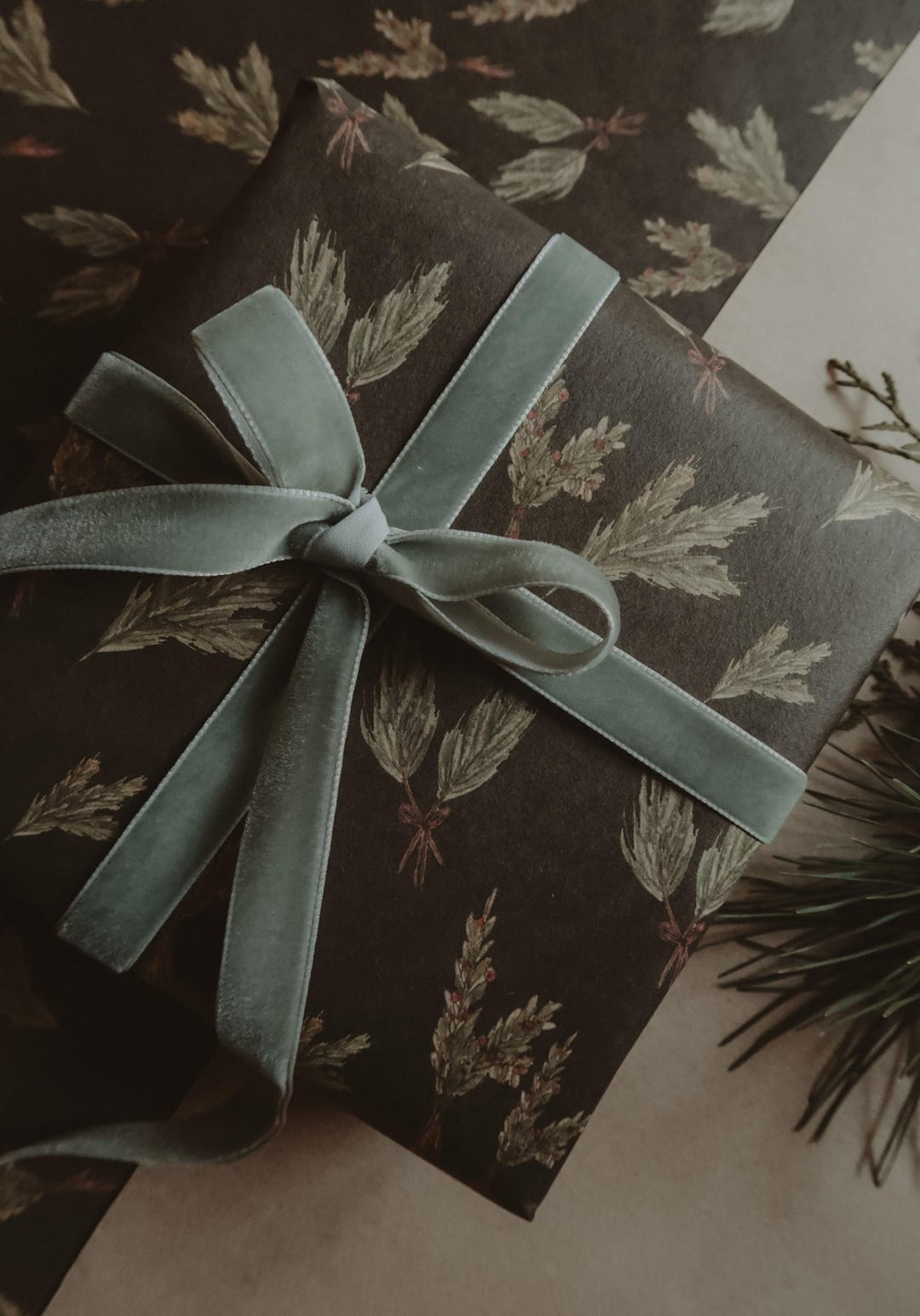 Green Branches Wrapping Paper, Christmas Gift Wrap, Green Christmas ...