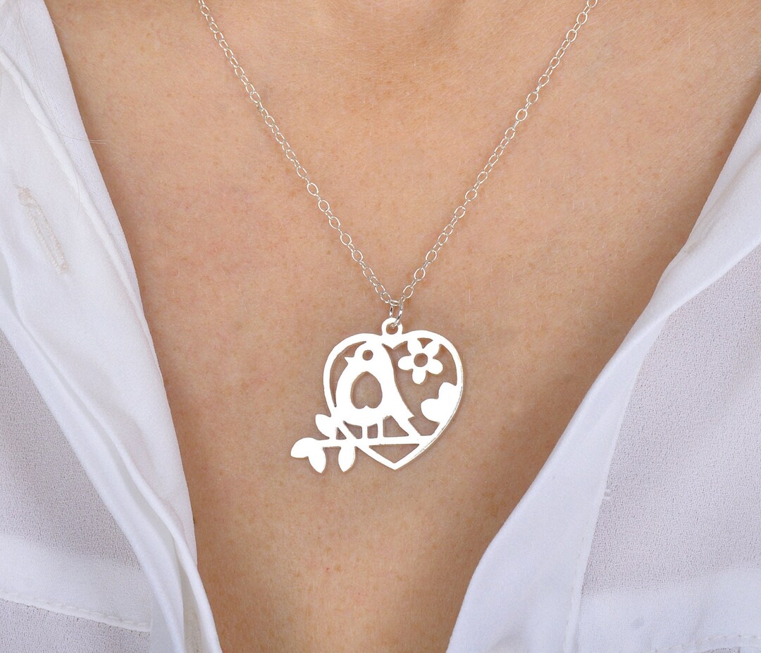 Sterling Silver Robin Necklace, Heart Necklace for Wife, Birthday Gift ...