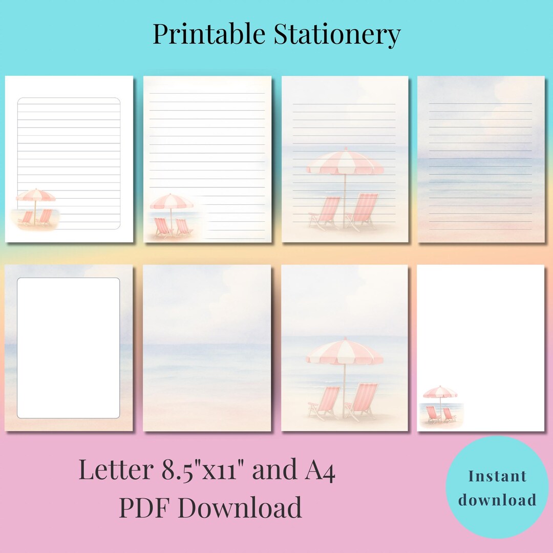 Beach Day Printable Stationery | Pink Umbrella Watercolor Letter Paper ...
