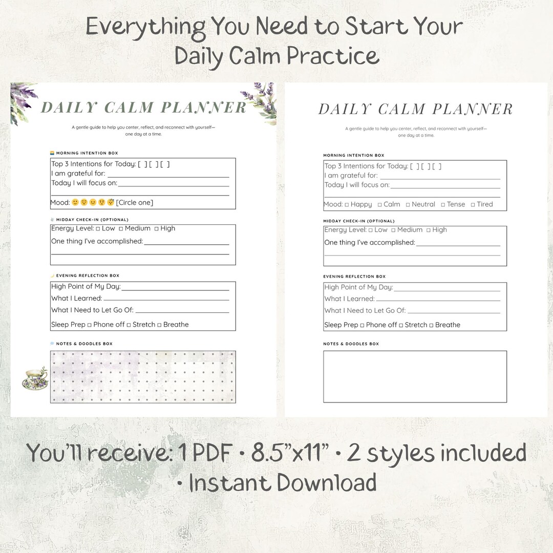 Daily Calm Planner Printable • Minimalist Self-care Journal • One Page ...