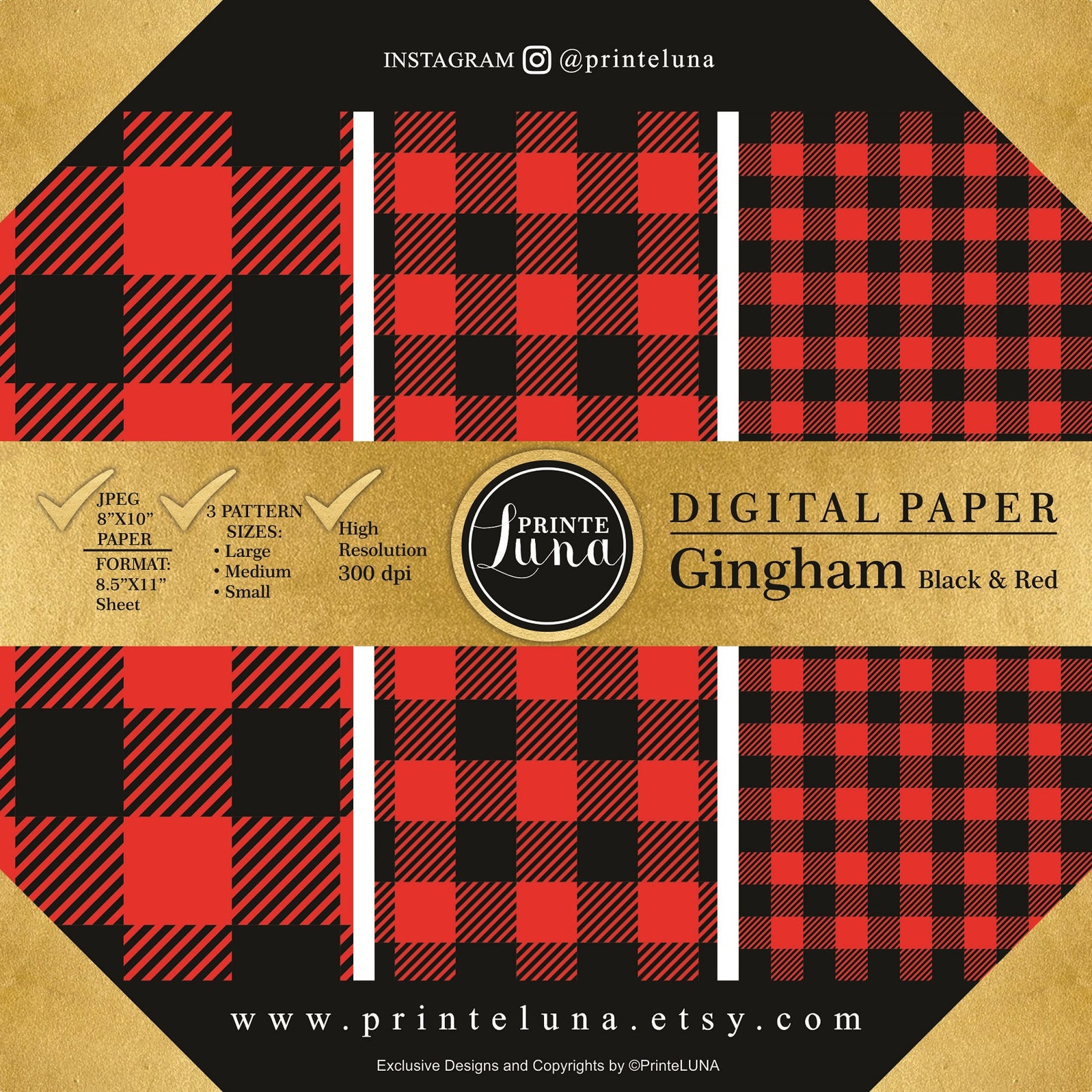 Gingham Digital Paper JPEG, Black and Red Printable Paper, Plaid ...