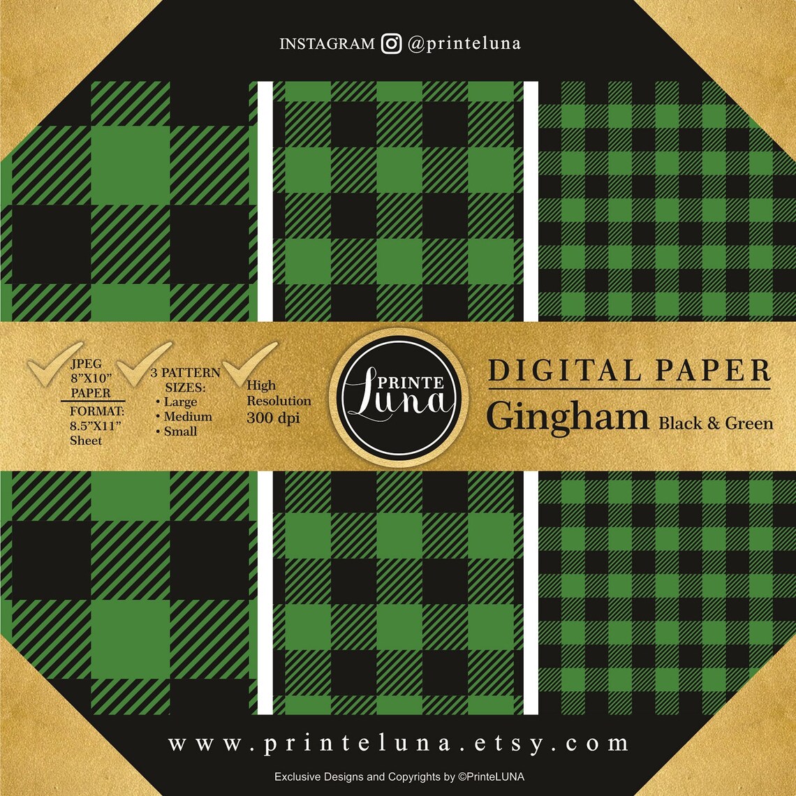 Gingham Digital Paper JPEG, Black and Green Printable Paper, Plaid ...