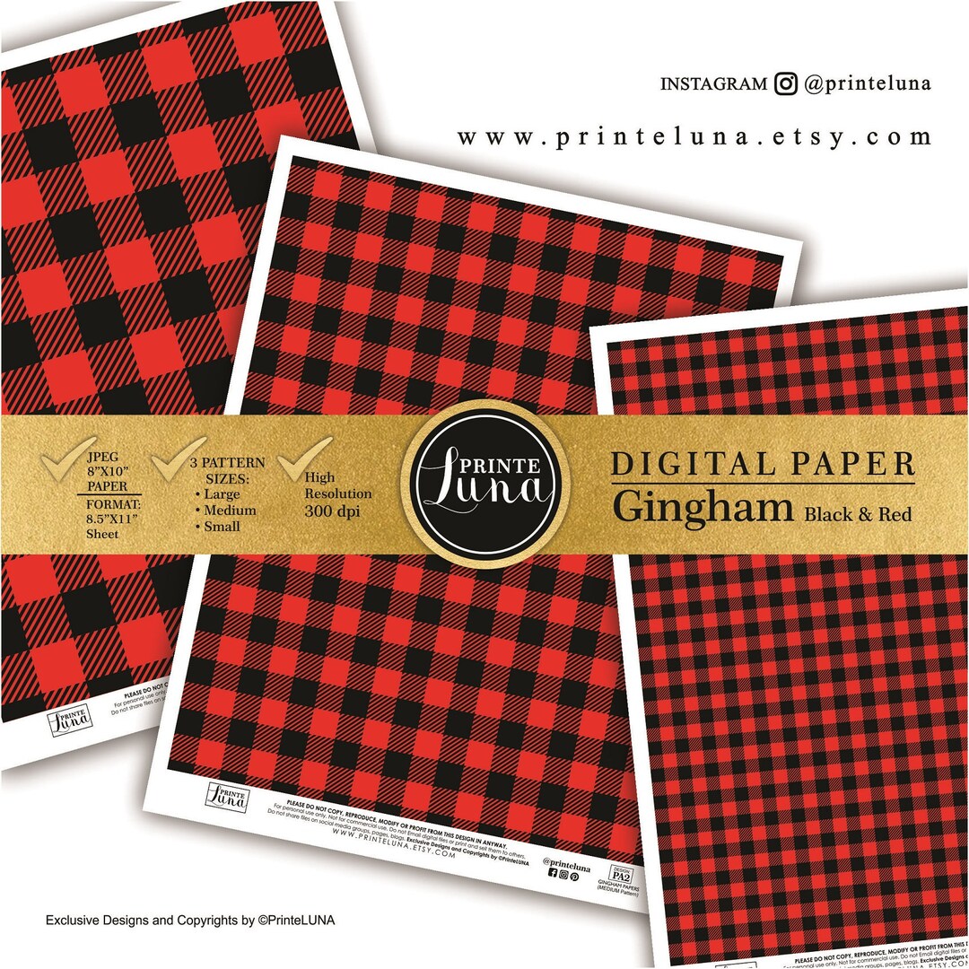 Gingham Digital Paper JPEG, Black and Red Printable Paper, Plaid ...