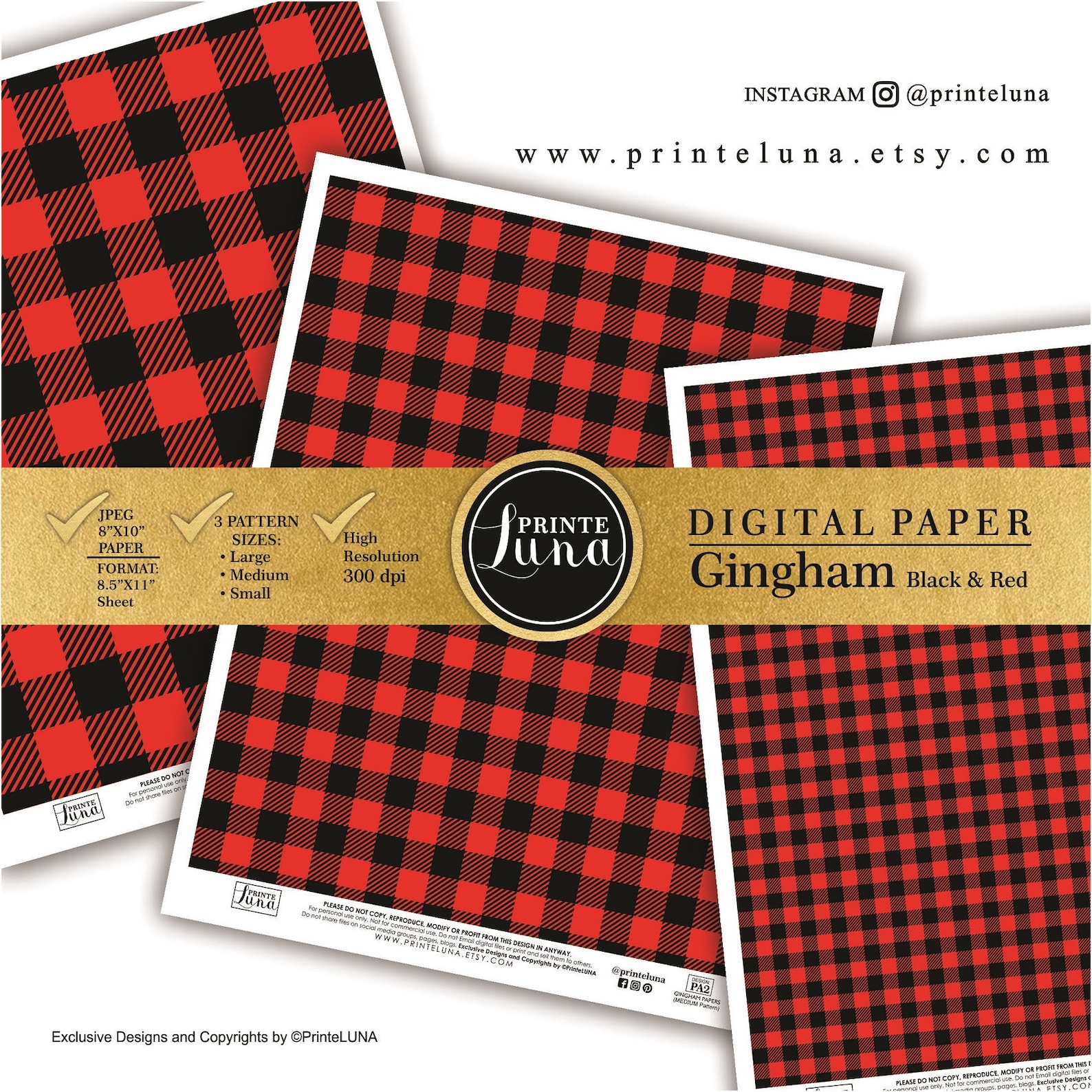 Gingham Digital Paper JPEG, Black and Red Printable Paper, Plaid ...