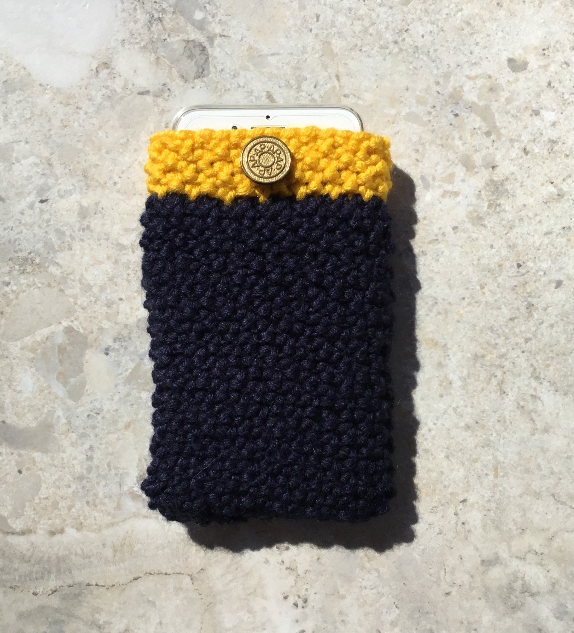 Navy and gold knit cell phone sock gold button trim knit | Etsy
