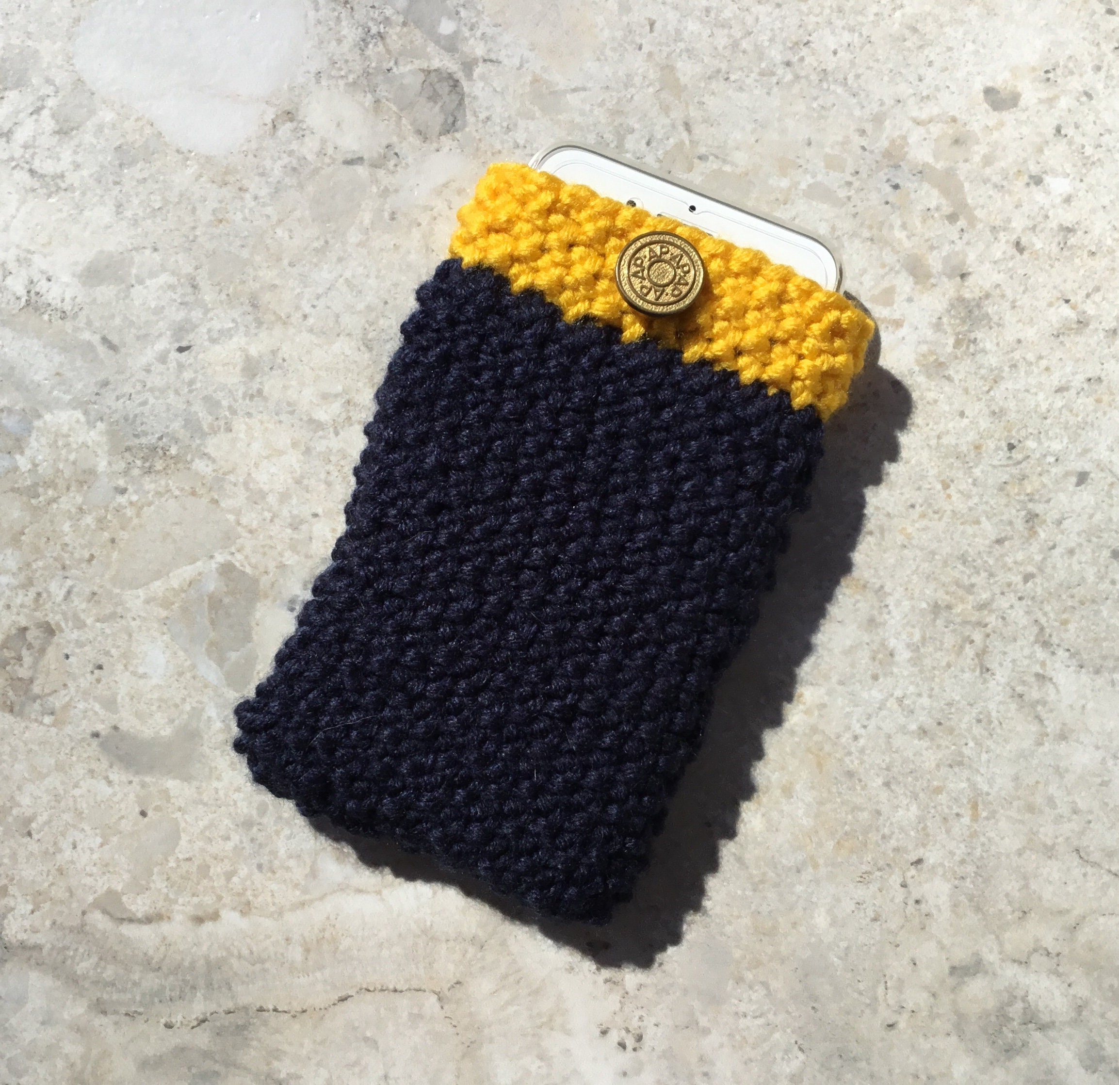 Navy and gold knit cell phone sock gold button trim knit | Etsy