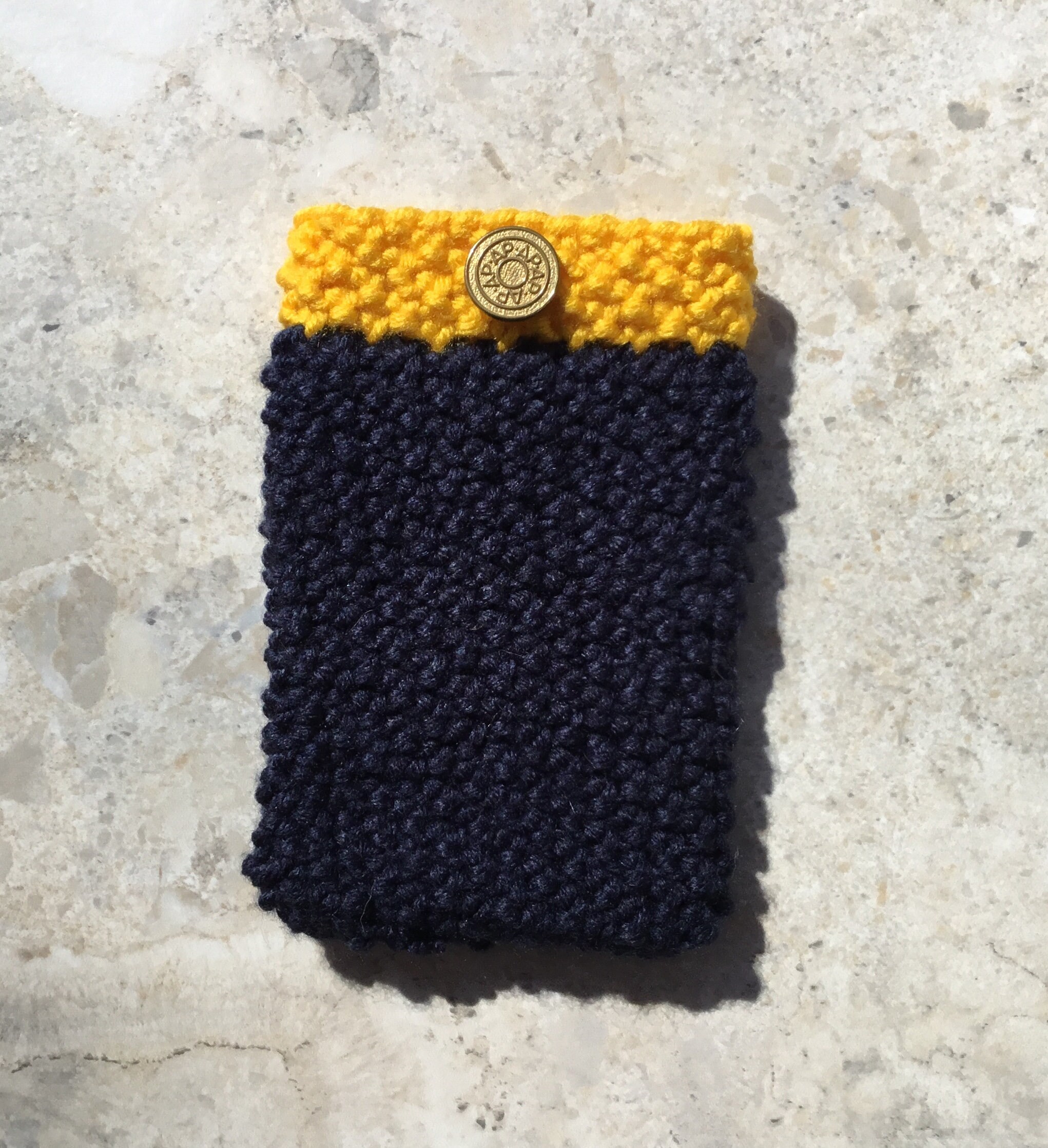 Navy and Gold Knit Cell Phone Sock, Gold Button Trim, Knit Cell Phone ...