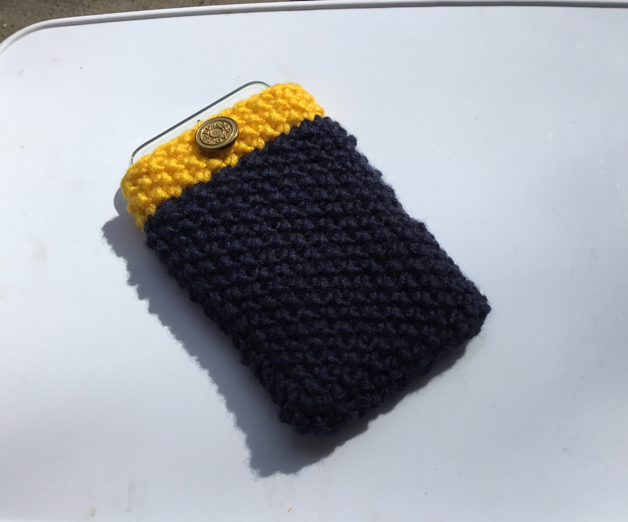 Navy and Gold Knit Cell Phone Sock, Gold Button Trim, Knit Cell Phone ...