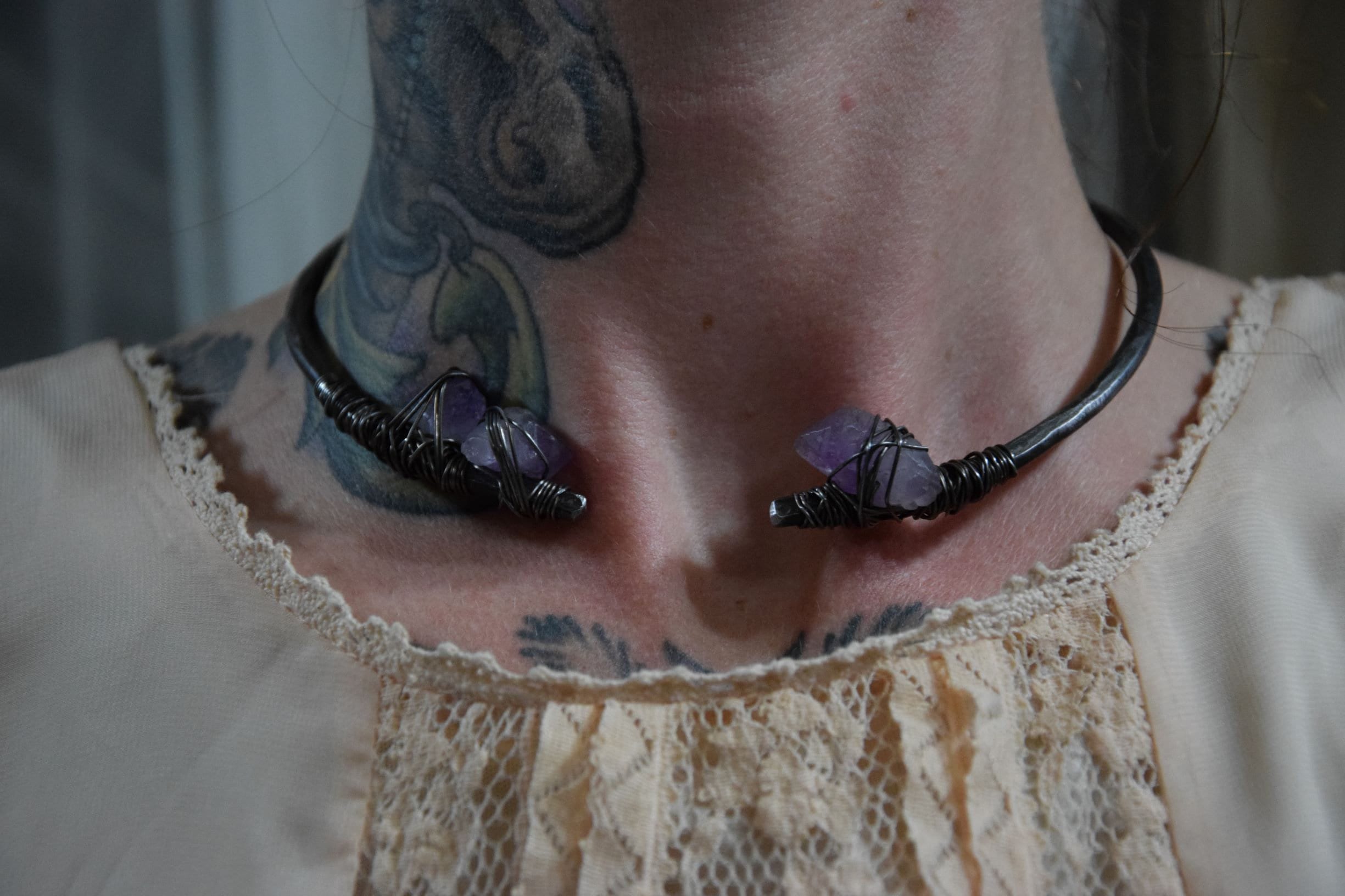 Amethyst & Black Steel Neck Cuff