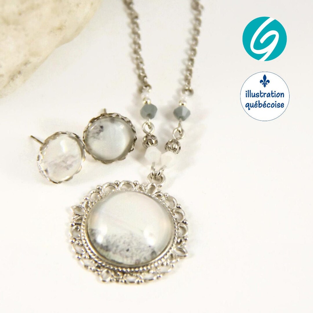 Collier gris boucles d'oreilles Hiver d'argent sur chaîne peinture de ...