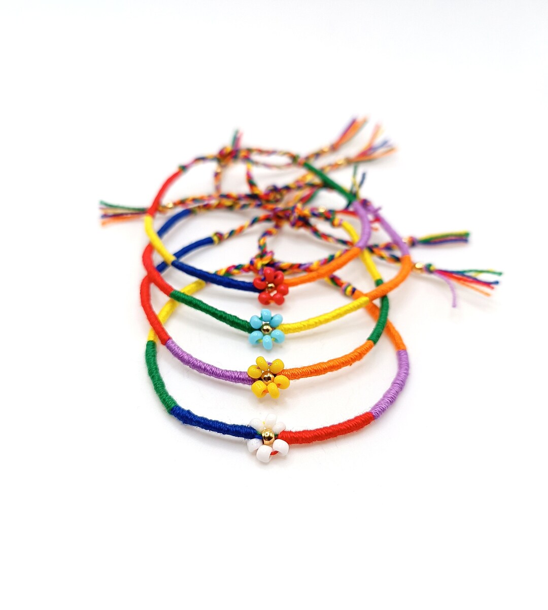 Daisy Friendship Bracelet: Rainbow Cotton Thread, Y2K Beaded Flower ...