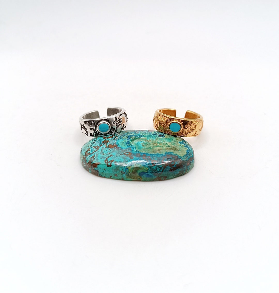 Gold Plated Carved Leaf Ring: Turquoise Enamel Floral Ring, US Size 7 ...